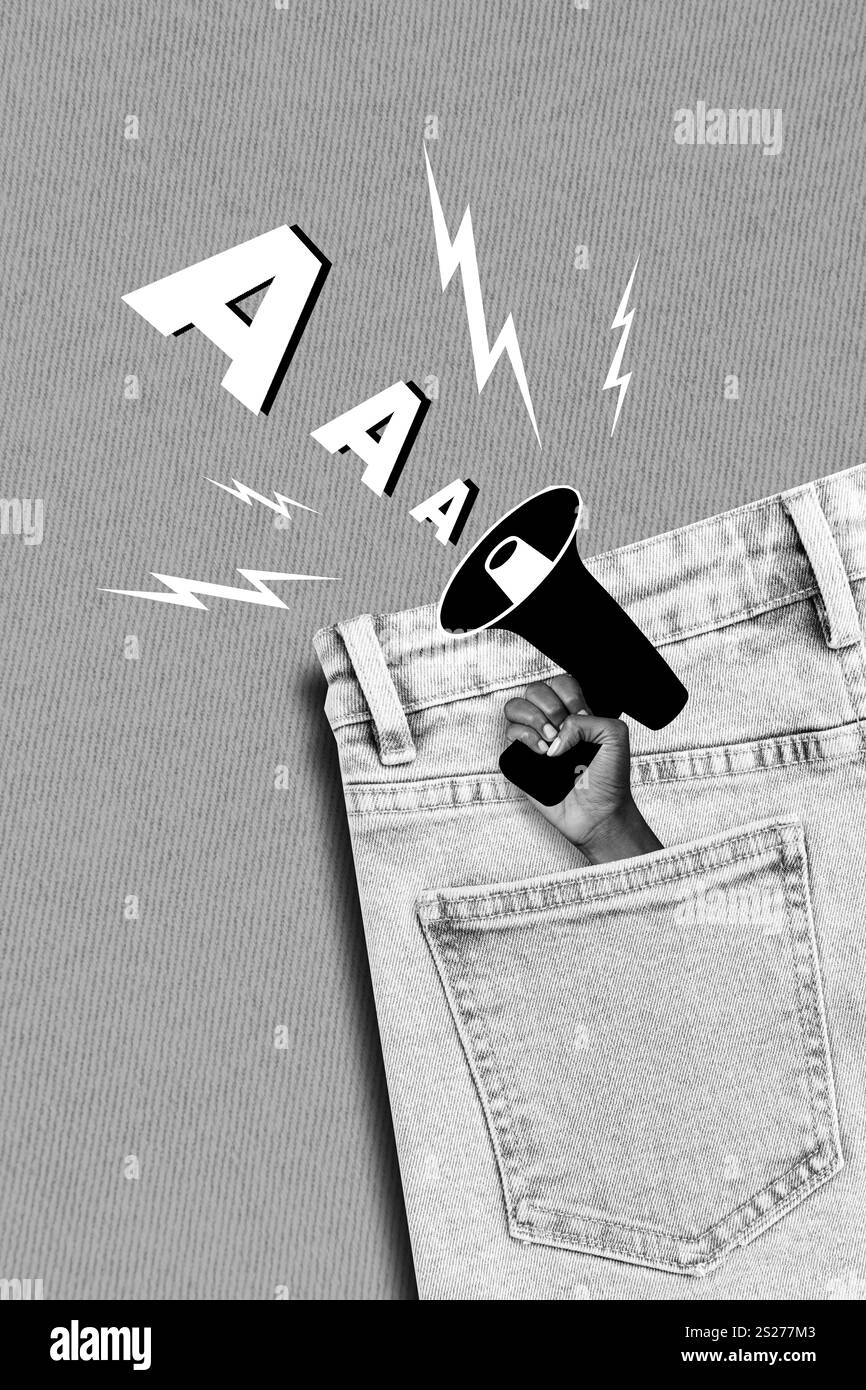 Vertical collage image of black white gamma big arm fist punch jumping ...