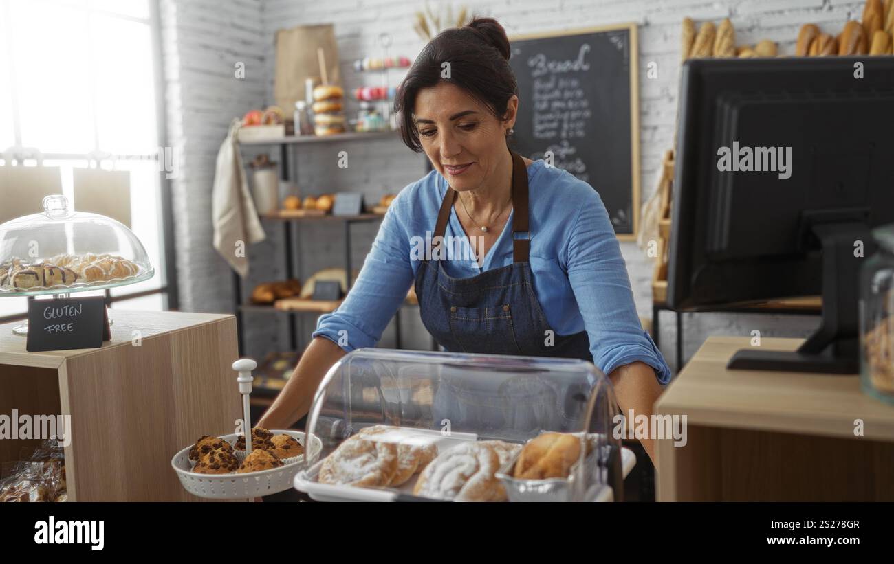 Woman working in a cozy bakery setting up pastries in display case ...