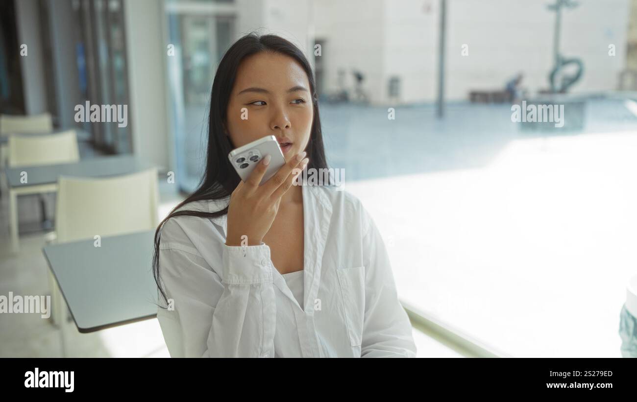 Woman talking on phone at workplace indoors, young chinese female in ...