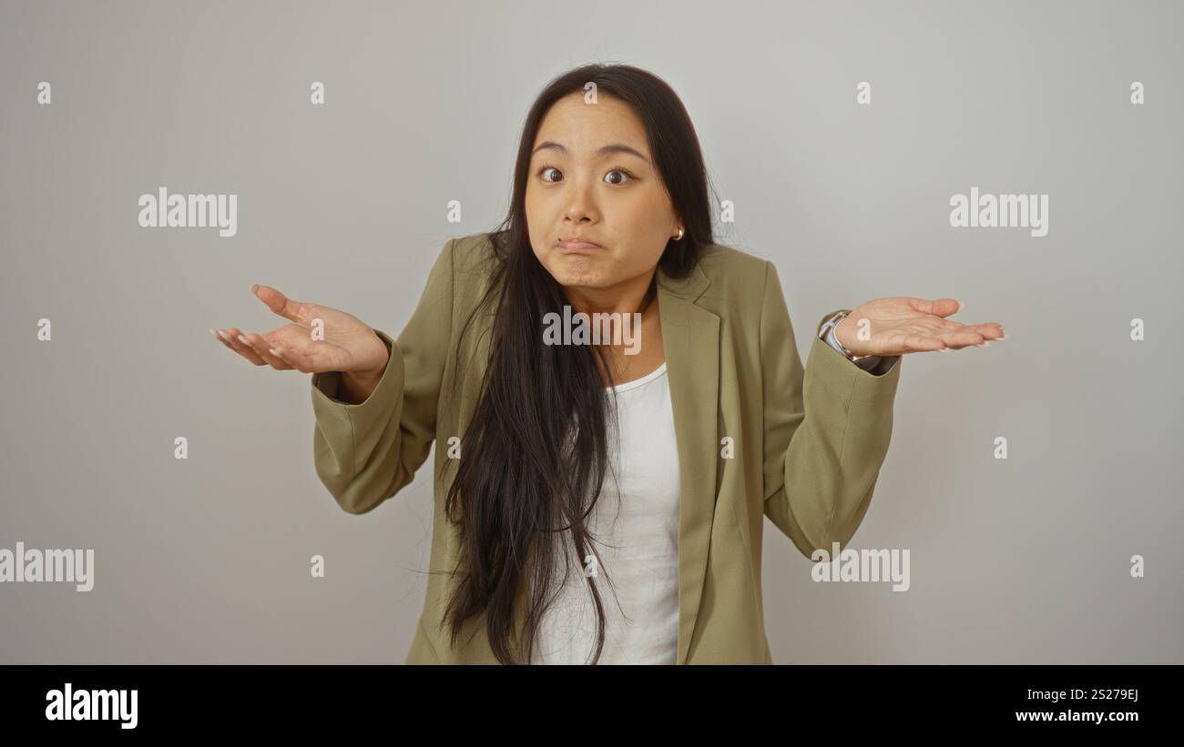 Young, attractive, chinese woman shrugging in confusion isolated over a ...