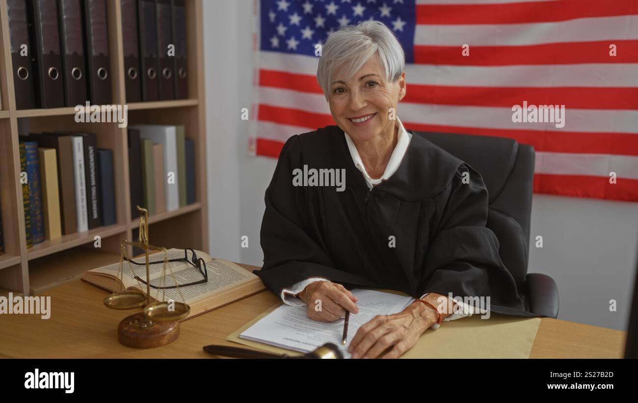 Mature woman judge with short grey hair smiling in an american ...