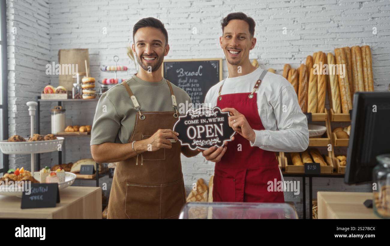 Two men baker workers holding open sign together in bakery shop ...