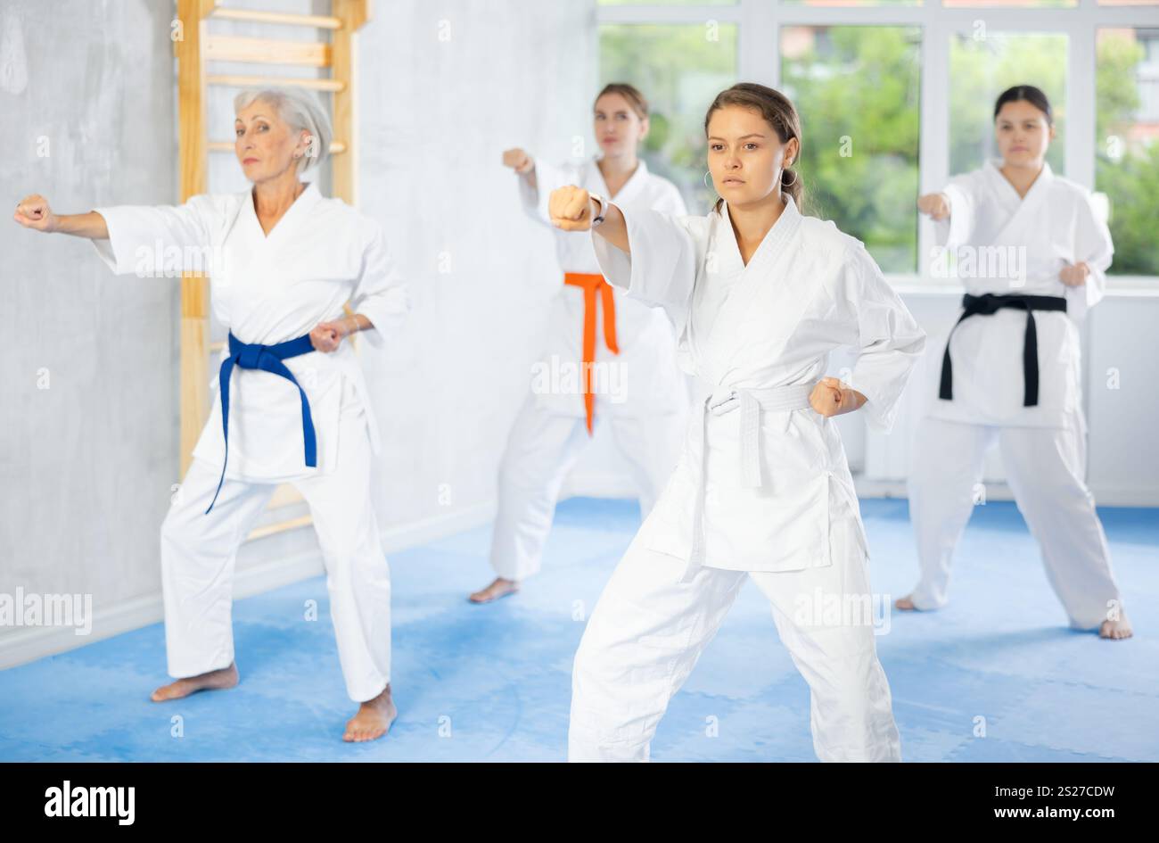 Women of different ages in kimono trying new martial moves at karate ...