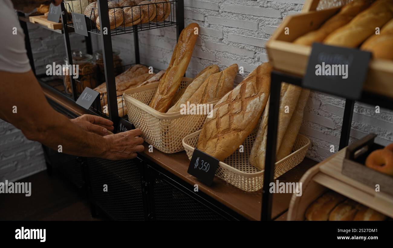 Man arranging fresh bread in a bakery shop with various types of loaves ...