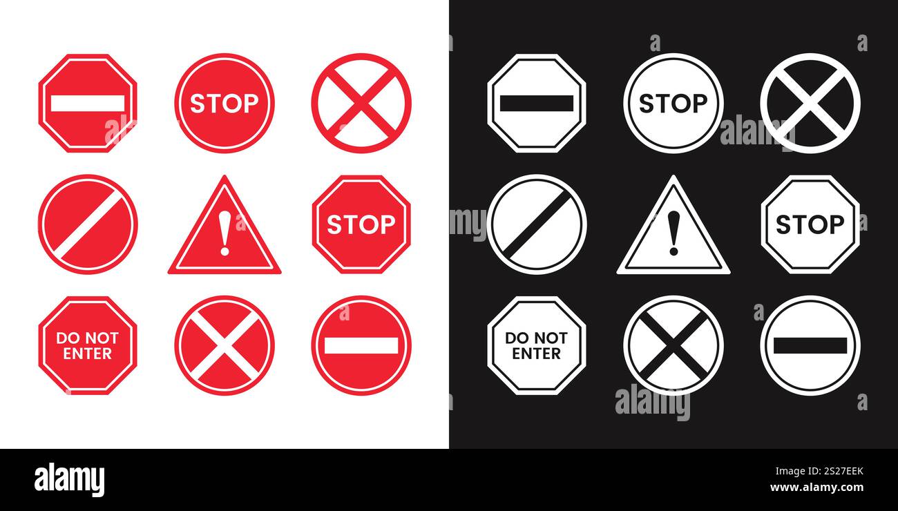 Set of Stop street icon collection. Stop hand sign with text. Red stop ...