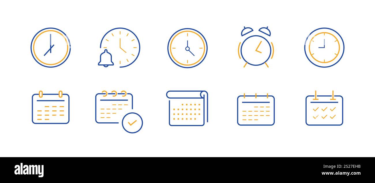 Time, date and address concept editable stroke outline icons set isolated on white background ...