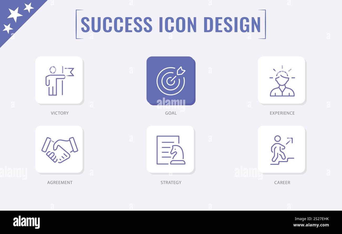 Success icon set. Goals, successful business development, process ...