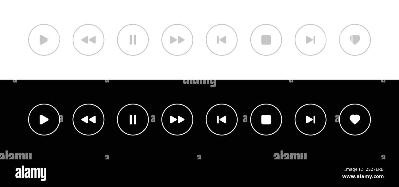 Music player icon set with play, pause, next, previous like and ...
