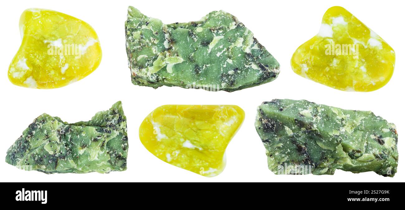 collection of tumbled and raw Lizardite (Serpentine) gemstone isolated ...