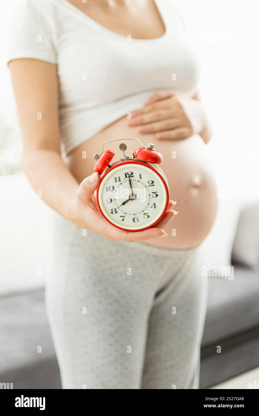 Conceptual photo of time to baby be born. Pregnant woman holding clocks ...