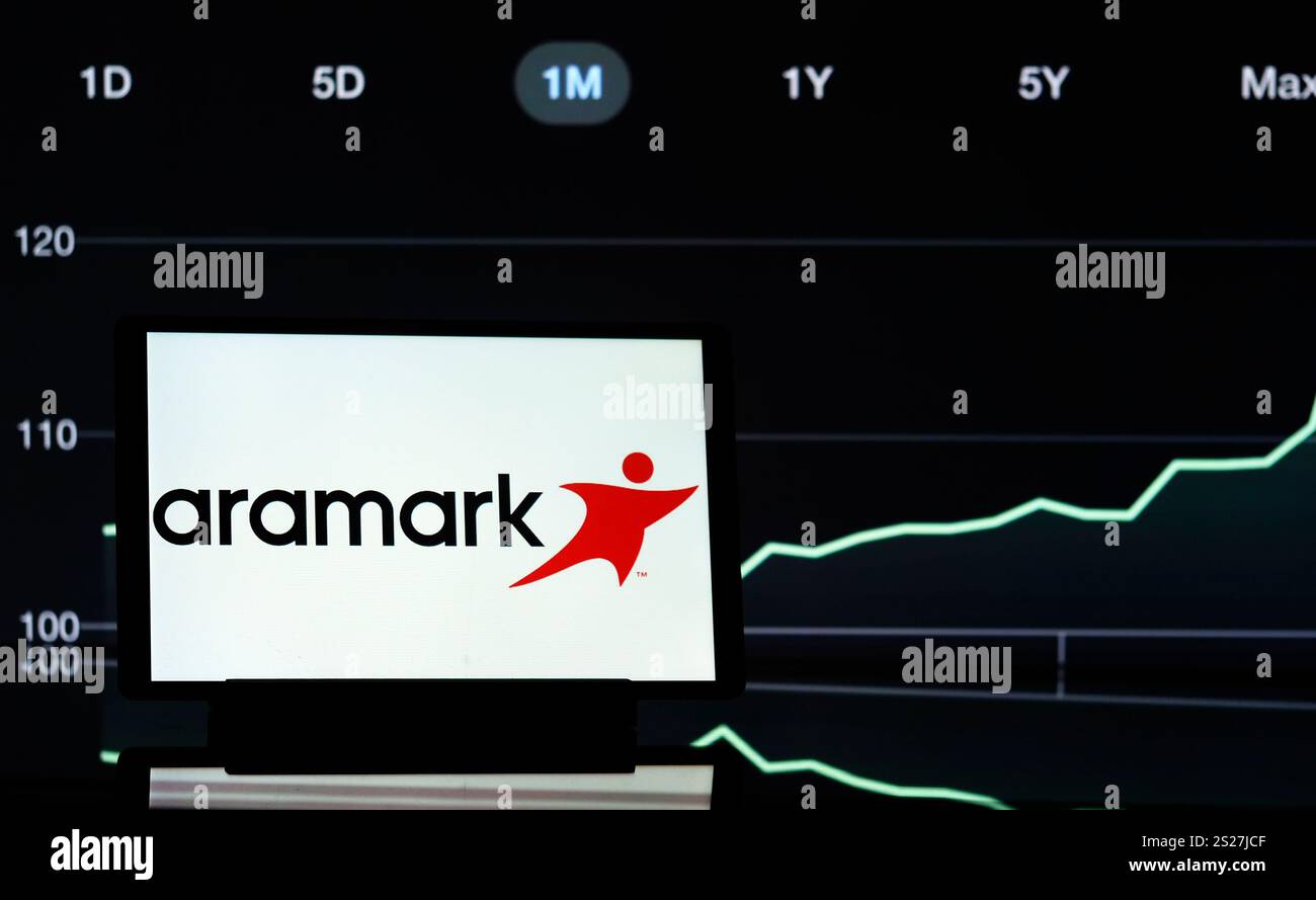 Bavaria, Germany - January 6, 2025: In this photo illustration, Aramark logo seen displayed on a ...