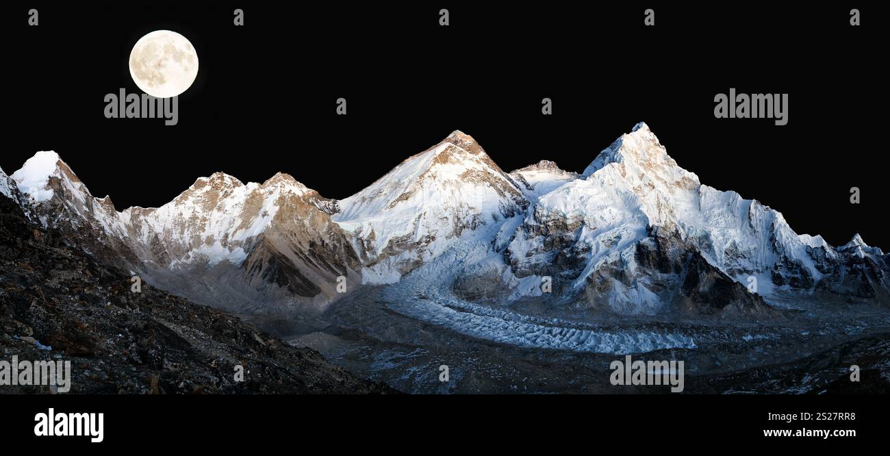 Mount Everest Mt Lhotse and Nuptse peak, night view with moon, as seen ...