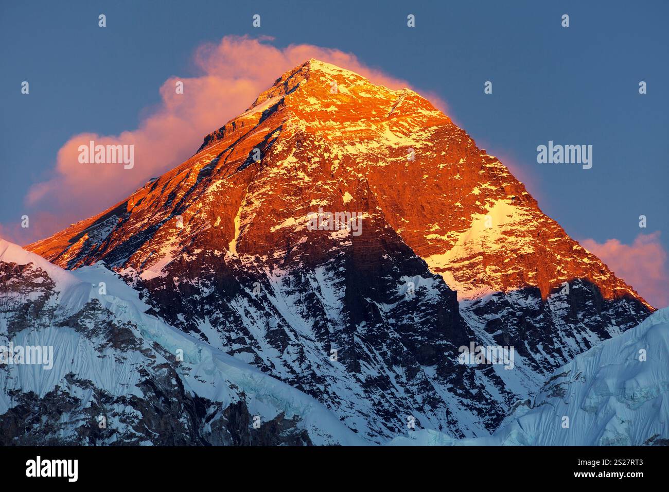 Mount Everest from Kala Patthar, evening sunset colored view with small ...