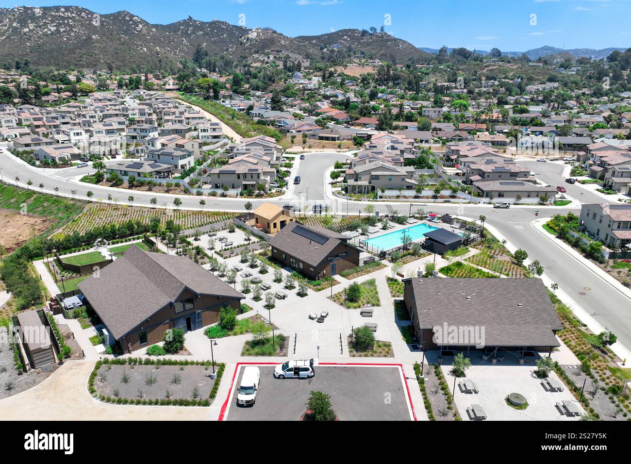 Aerial video of recreational facilities with pool in private ...