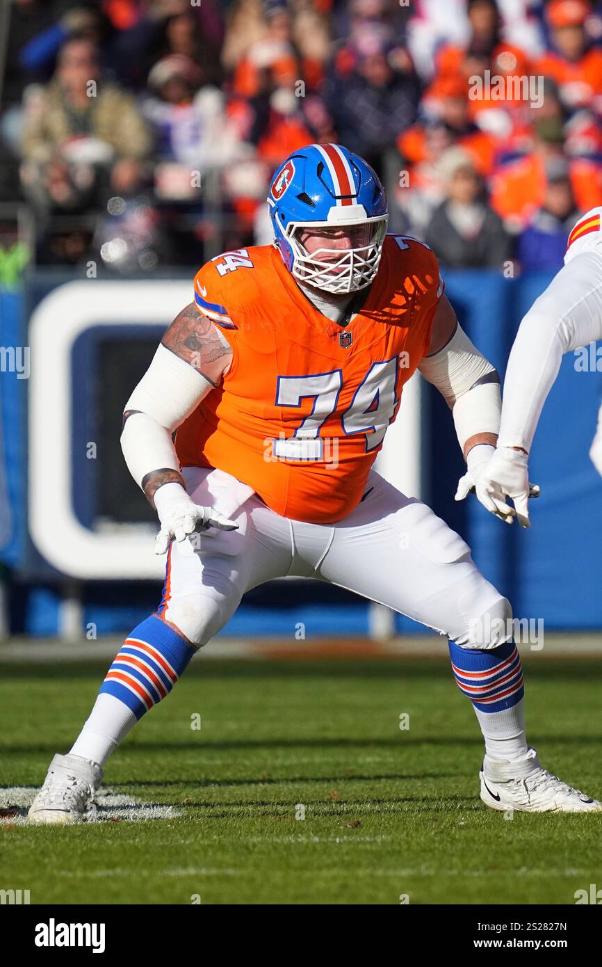 Denver Broncos guard Ben Powers (74) makes a block against the Kansas City Chiefs during an NFL ...