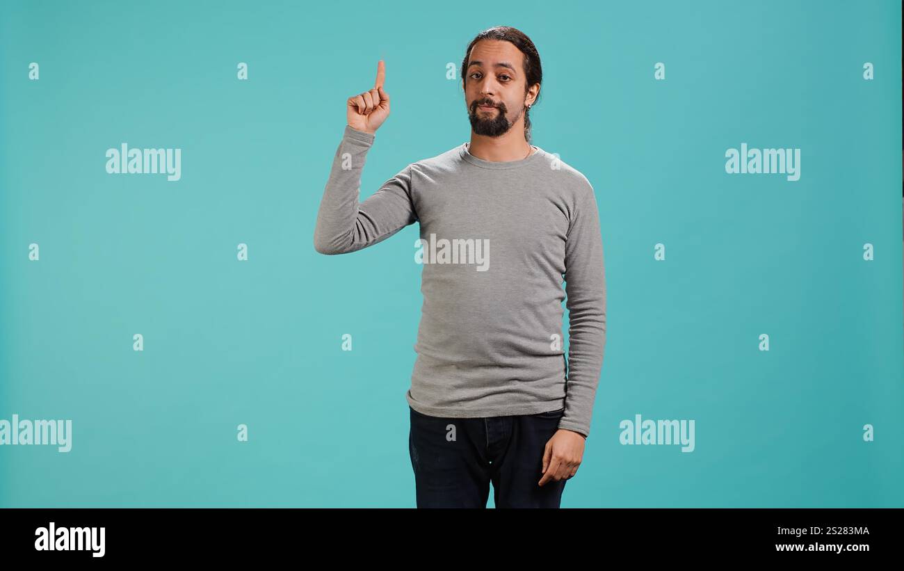 Salesman pointing around with finger, doing recommendation, talking ...