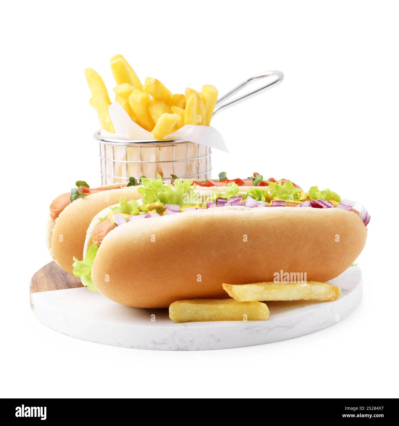 Tasty hot dogs with fries isolated on white Stock Photo - Alamy