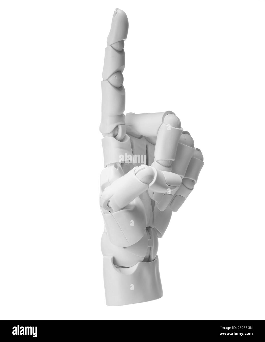 Artificial intelligence. Robot hand pointing at something on white ...