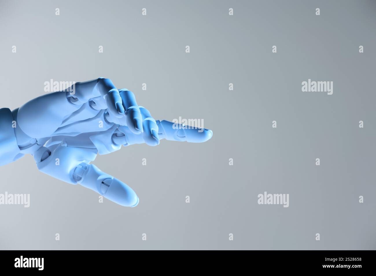 Artificial intelligence. Robot hand pointing at something on grey ...