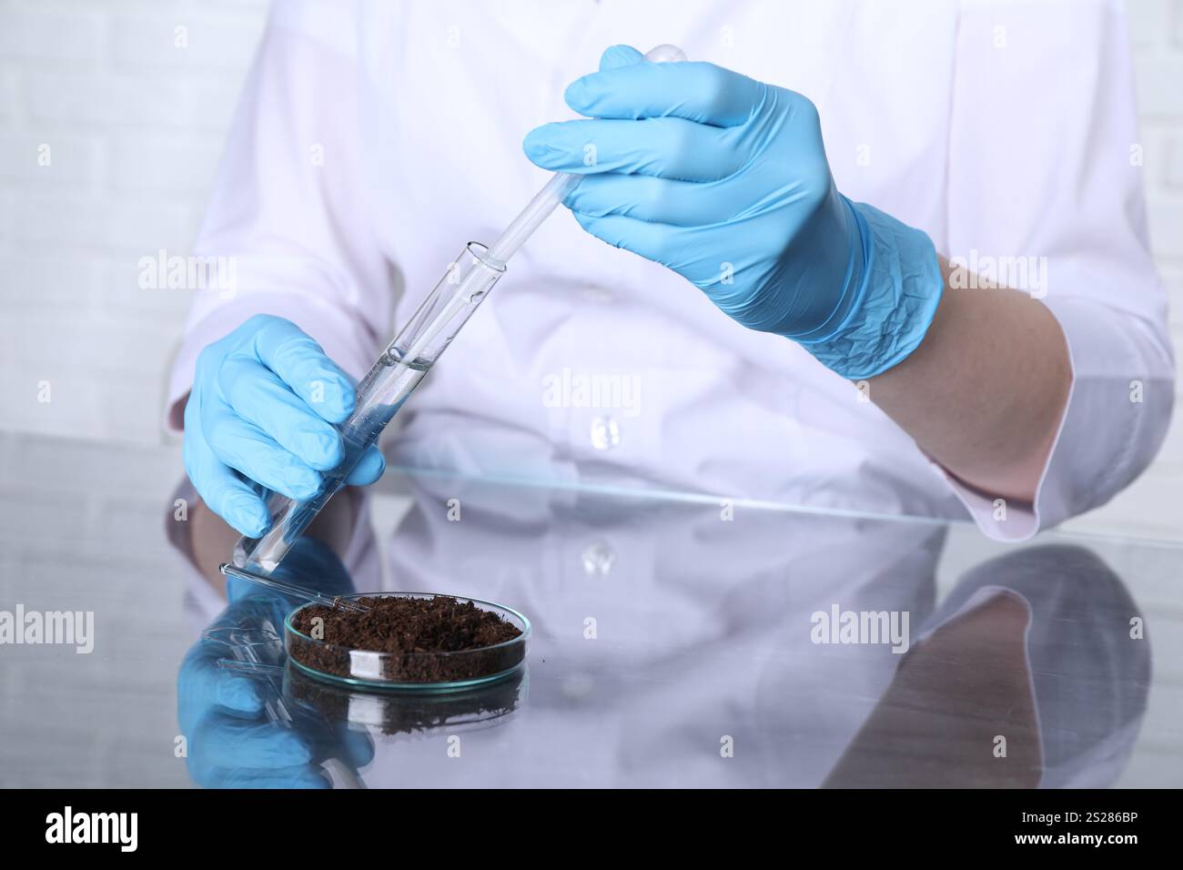 Laboratory testing. Scientist taking liquid from test tube at table ...