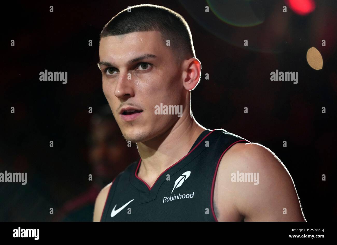 Miami Heat guard Tyler Herro is introduced before an NBA basketball ...