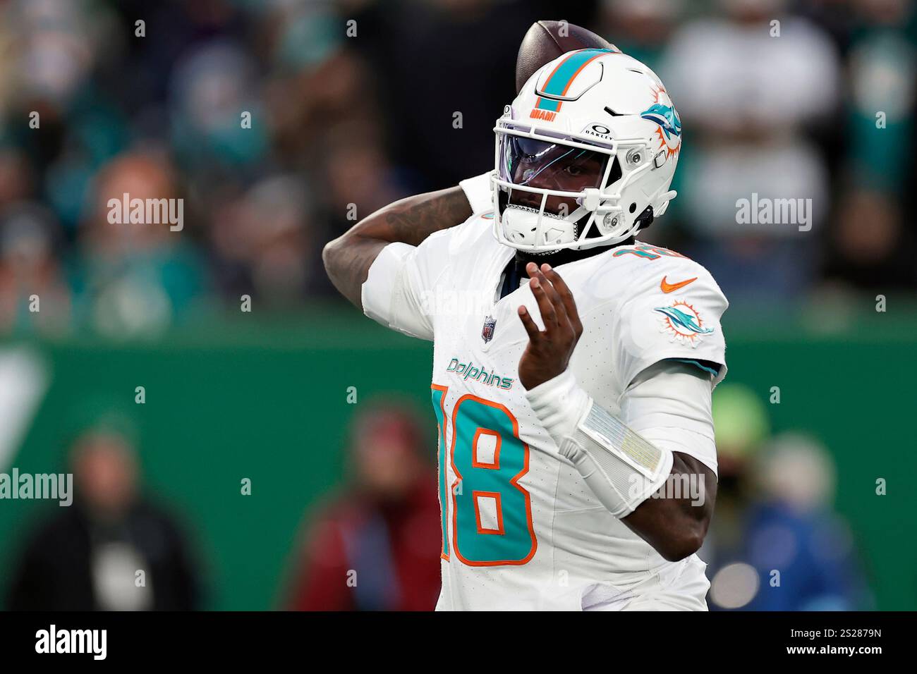 Miami Dolphins quarterback Tyler Huntley (18) passes the ball during an ...