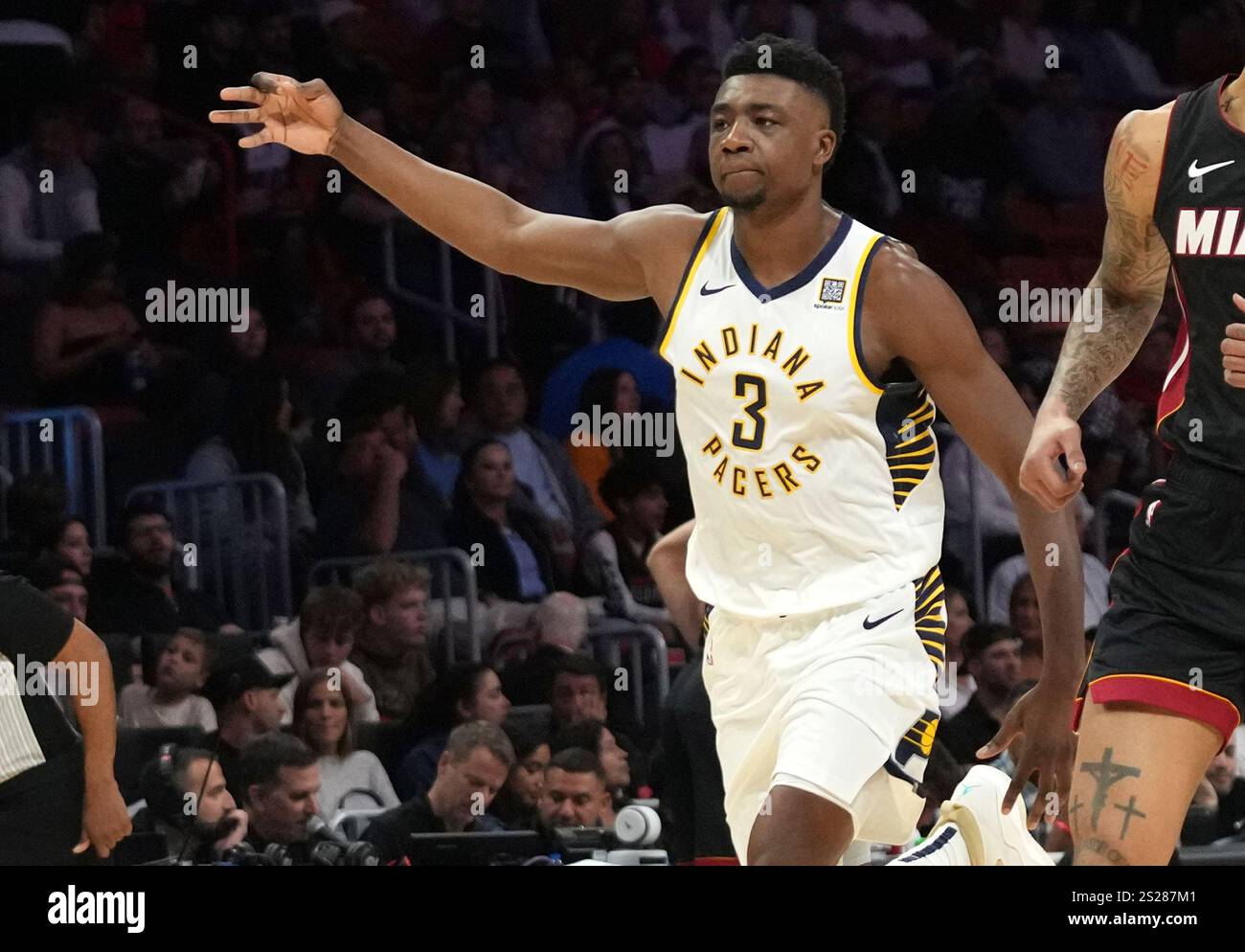 Indiana Pacers center Thomas Bryant (3) reacts after shooting a 3 ...