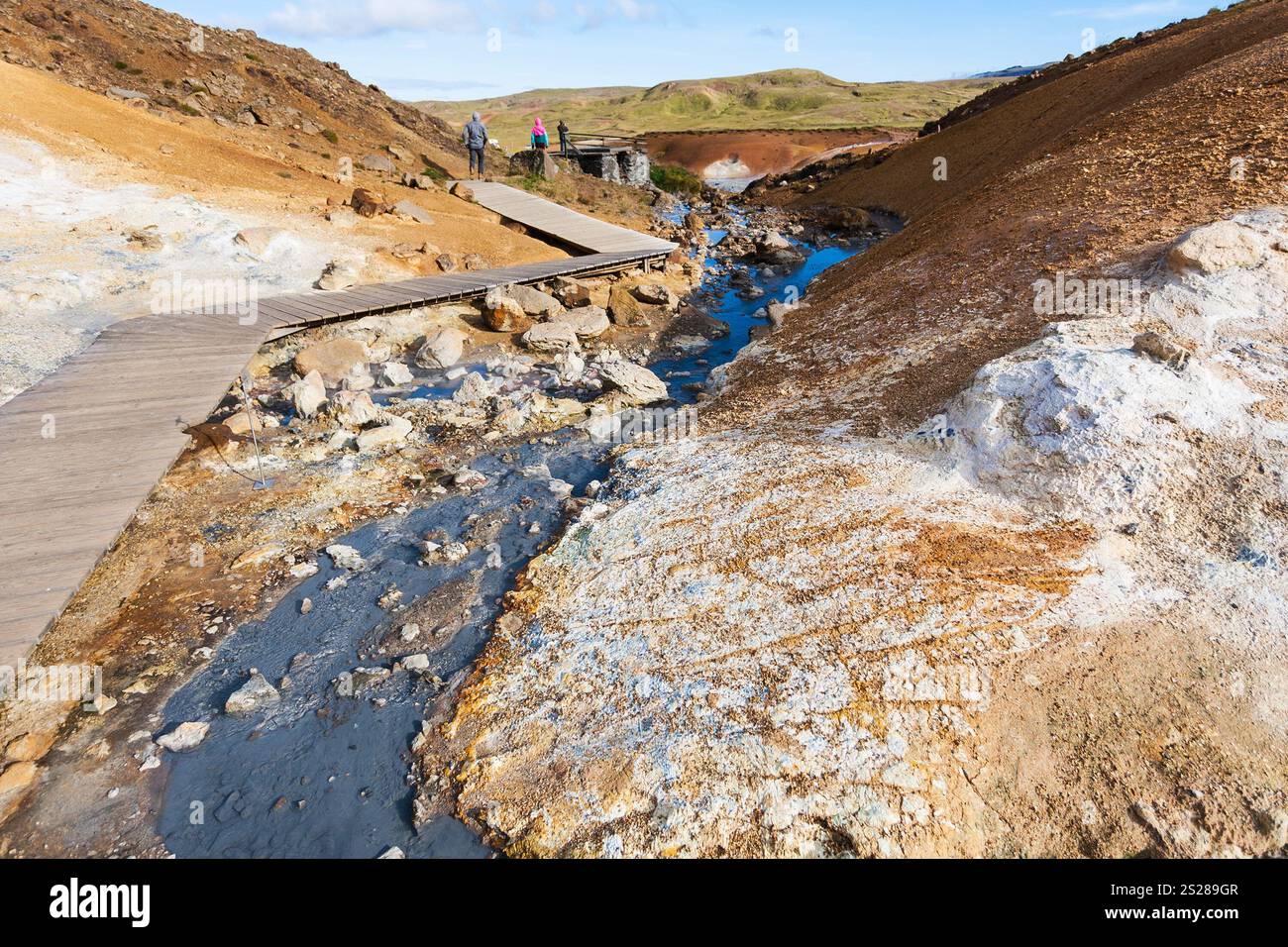 travel to Iceland - pathway near hot water flow in geothermal Krysuvik ...