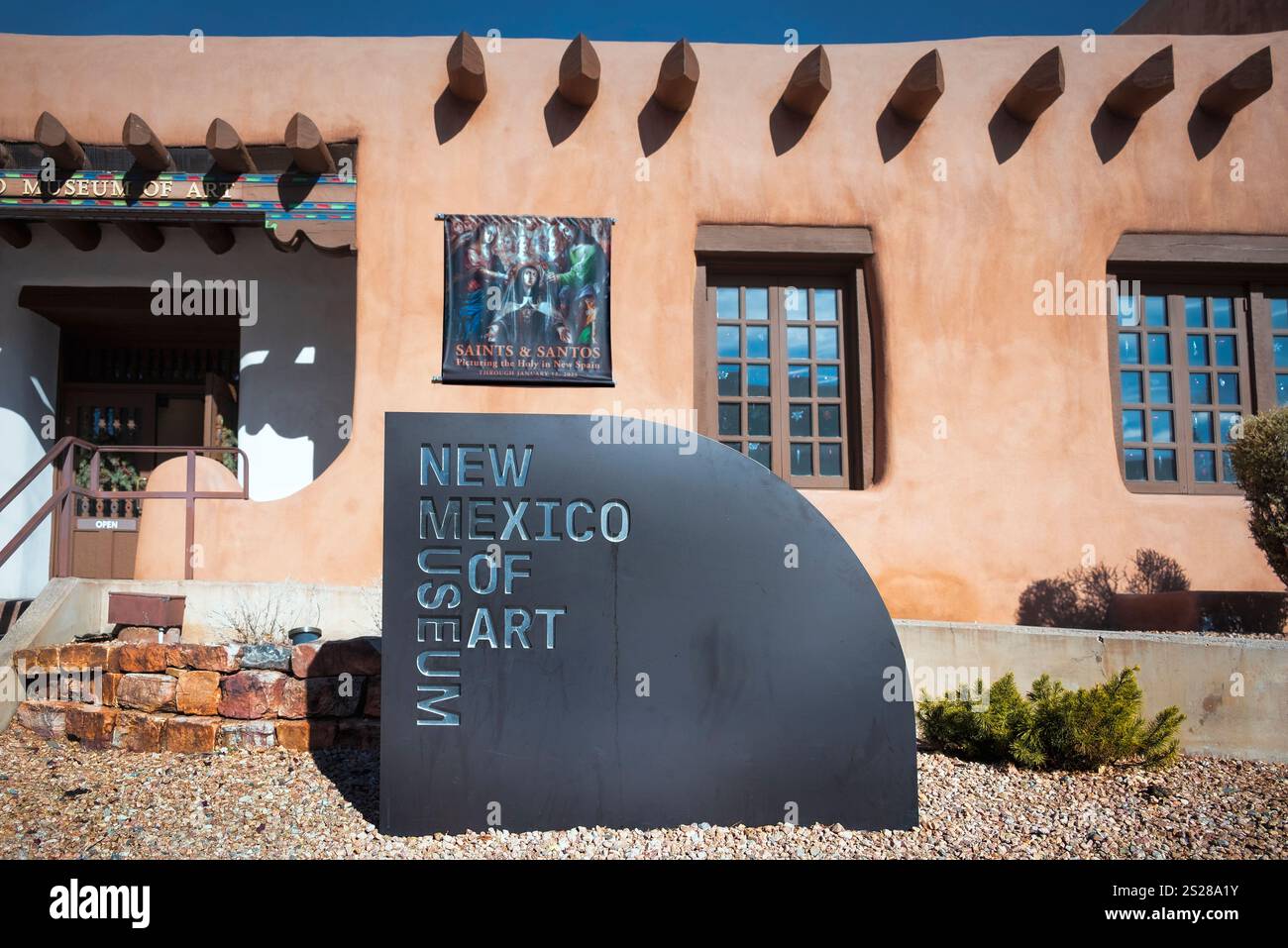Entrance to the New Mexico Museum of Art, with it's pueblo revial style adobe architecture in ...