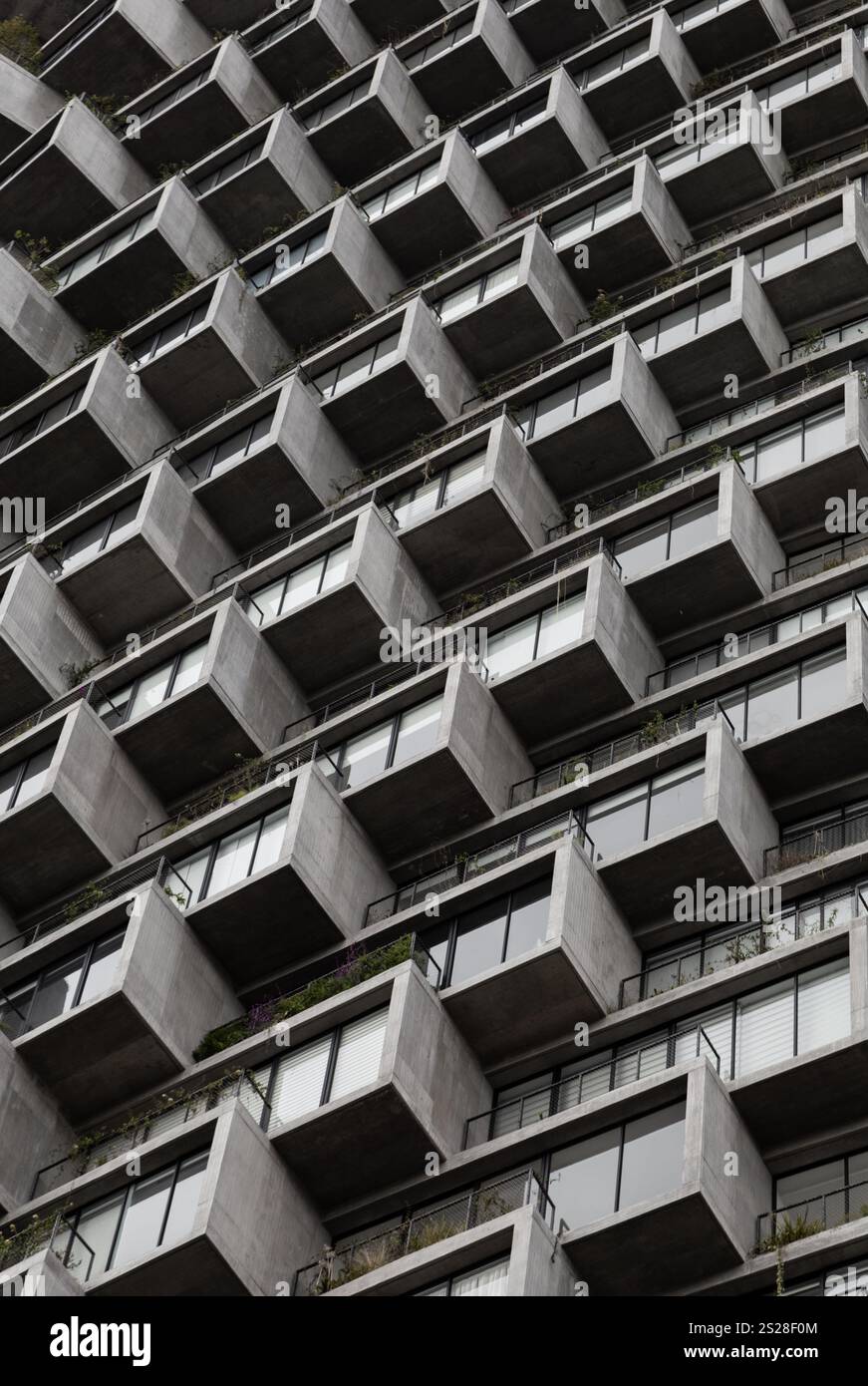A gray honeycomb-shaped building viewed from the ground. The unique ...