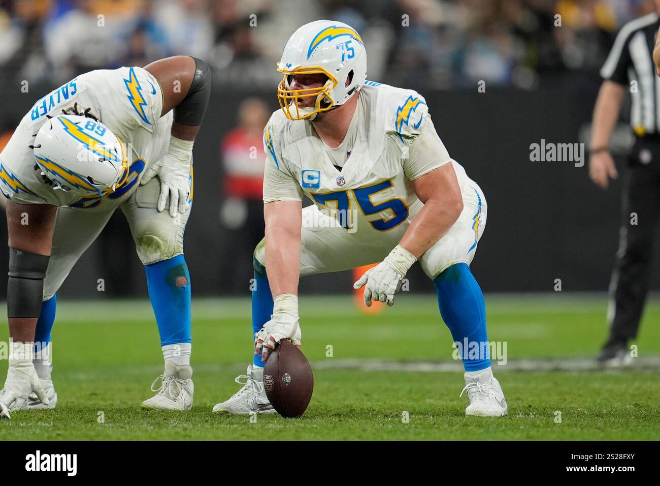 Los Angeles Chargers center Bradley Bozeman (75) lines up for play ...
