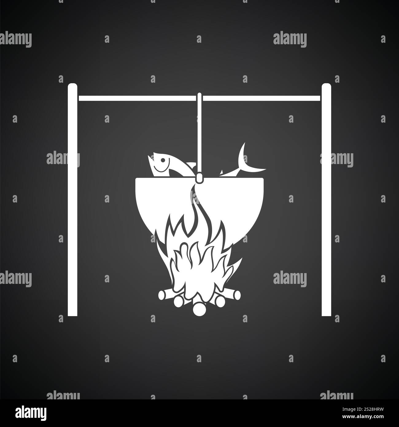 Icon of fire and fishing pot. Black background with white. Vector ...