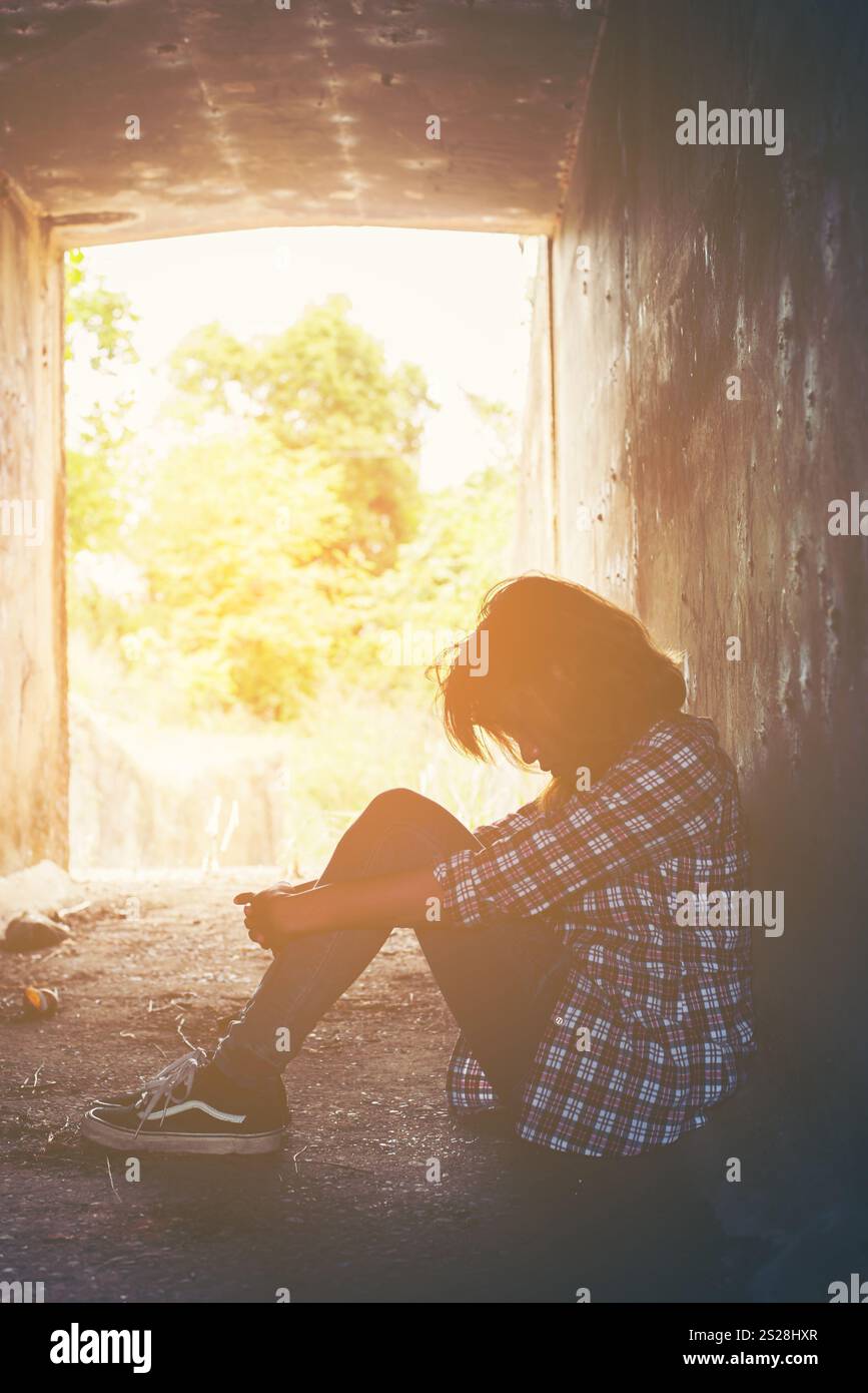 sad woman hug her knee and cry feeling so bad,loneliness,sadness,nobody ...