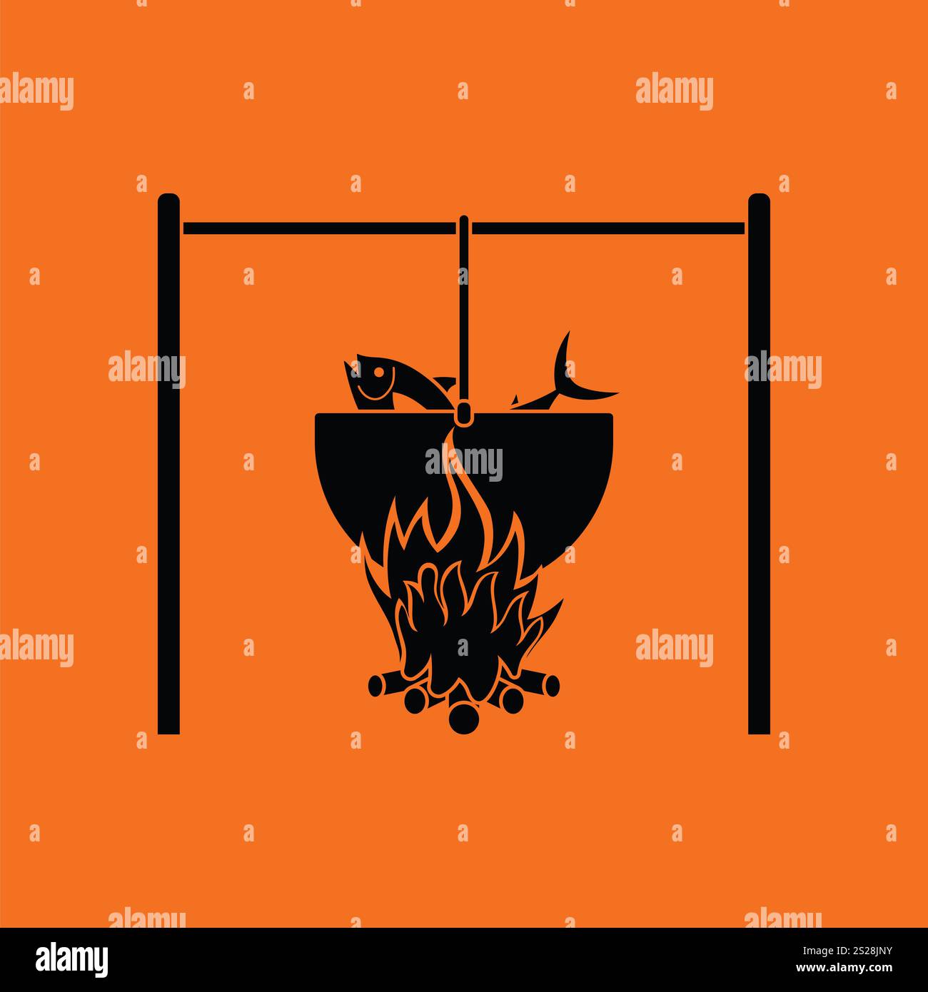 Icon of fire and fishing pot. Orange background with black. Vector ...
