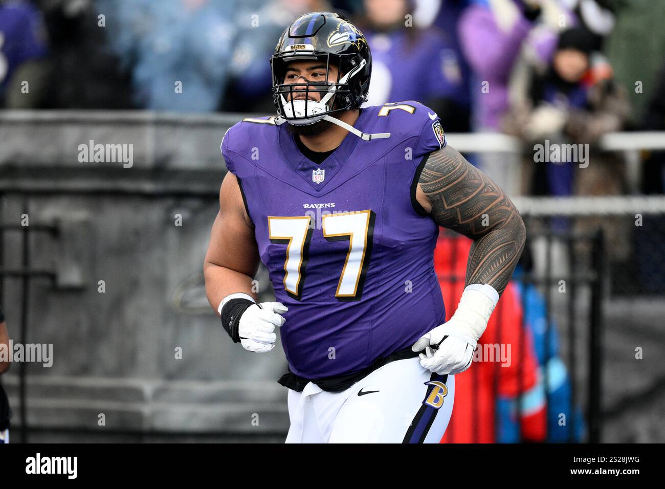 Baltimore Ravens offensive tackle Daniel Faalele (77) takes to the ...