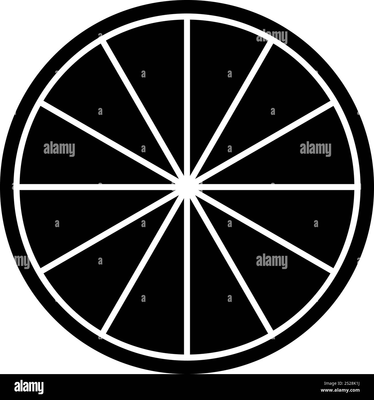 Black circle divided into 12 equal sectors isolated on white background. Round shapes cut in ...