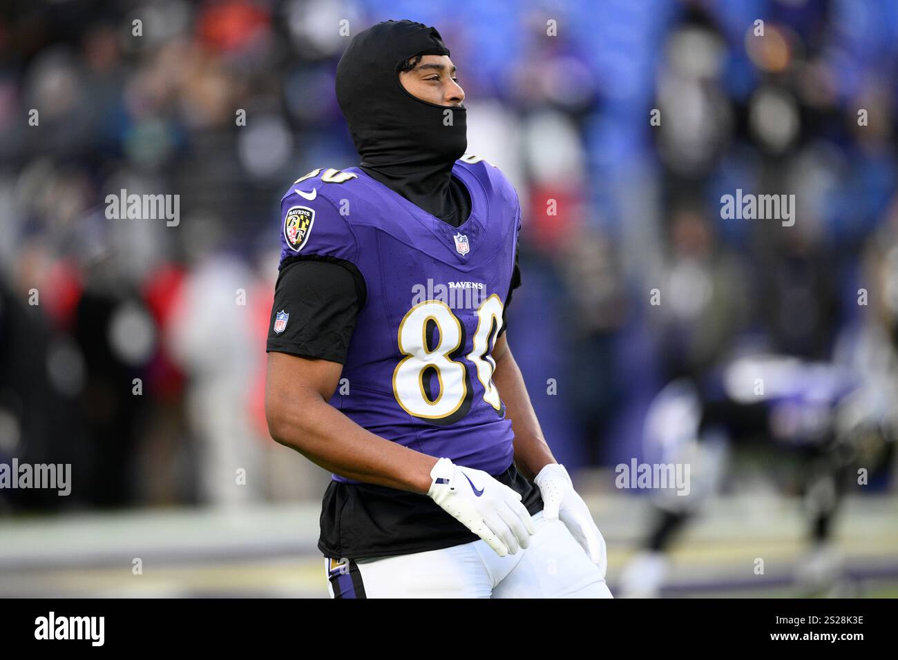 Baltimore Ravens tight end Isaiah Likely (80) works out before an NFL ...
