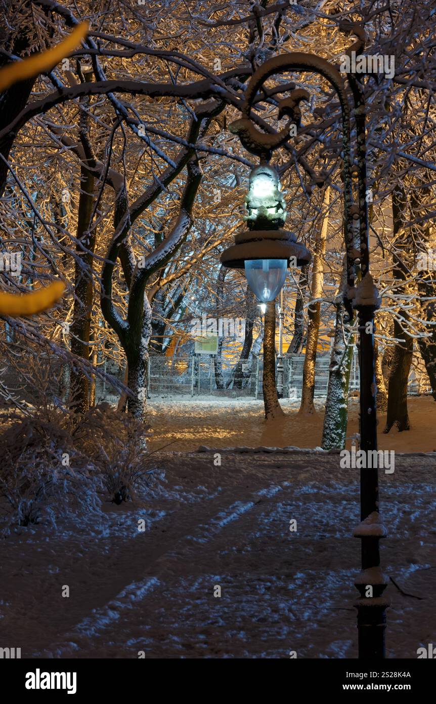 Beautiful walkway in illuminated night winter Ivan Franko park (Lviv ...