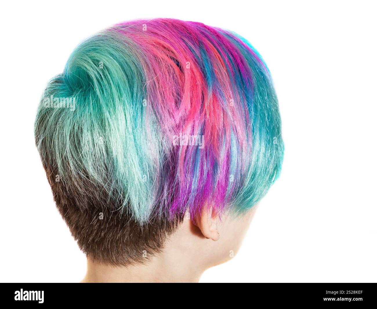 female nape with multi colored dyed hairs on white background Stock ...