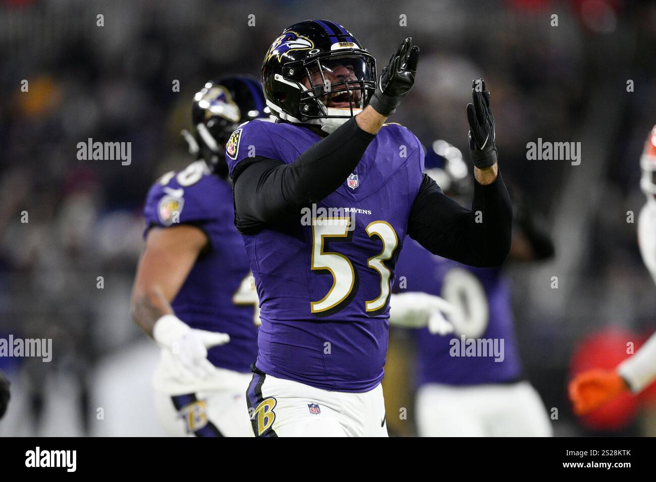 Baltimore Ravens linebacker Kyle Van Noy (53) reacts during the first ...