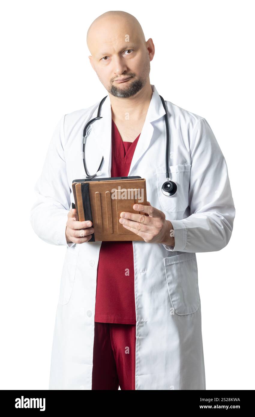 A male doctor with a bald head and beard is wearing a white lab coat ...