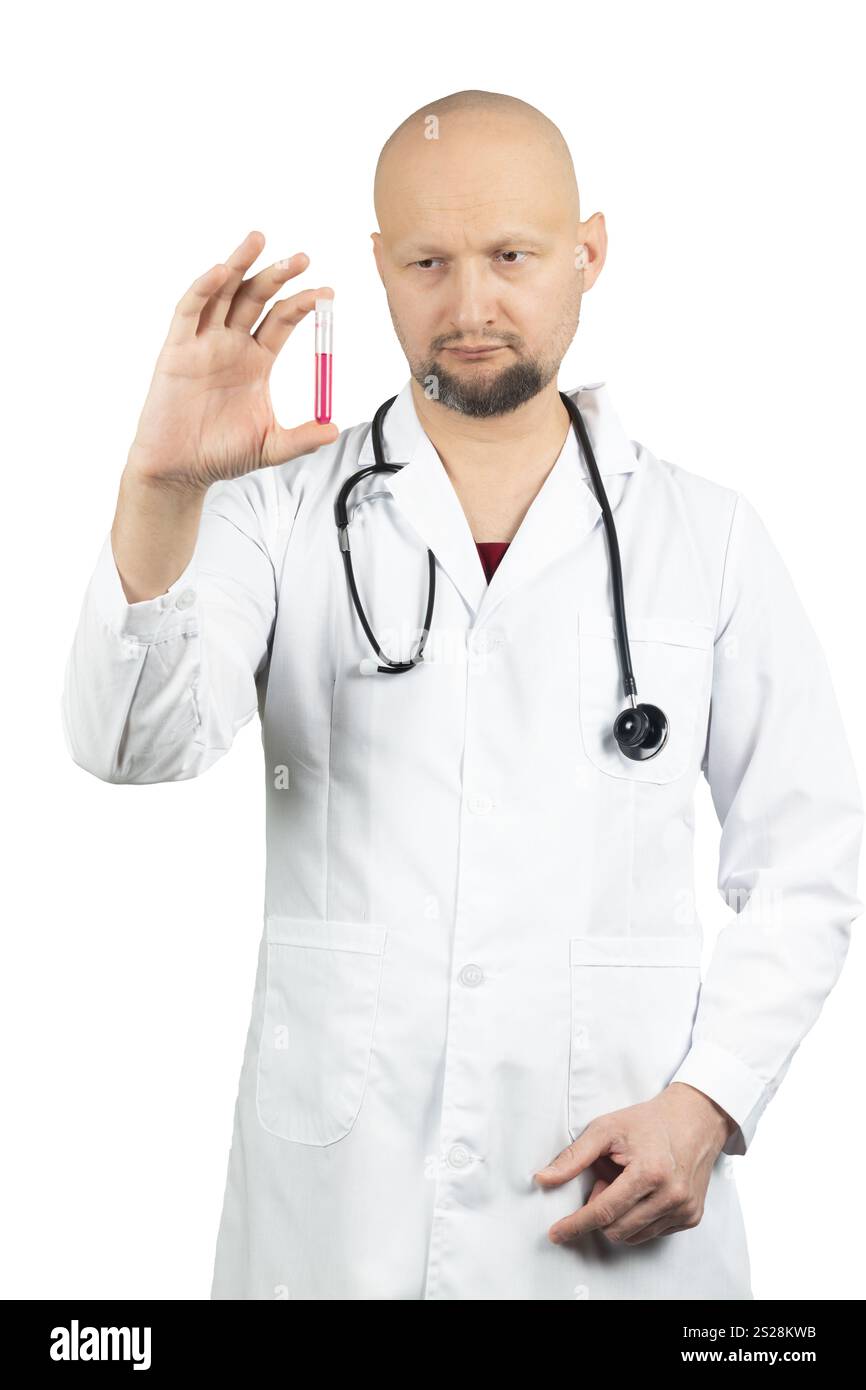 A bald male doctor with a beard is wearing a white lab coat over red ...