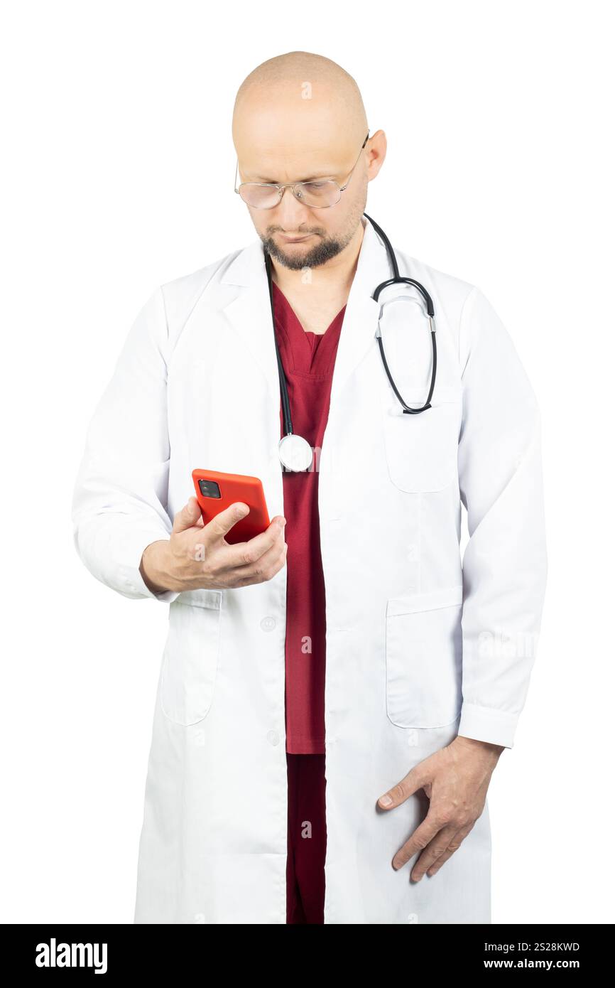 A male doctor with a bald head, beard, and glasses is wearing a white ...