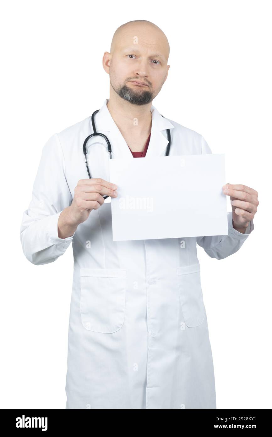 A bald male doctor with a beard is wearing a white lab coat over red ...