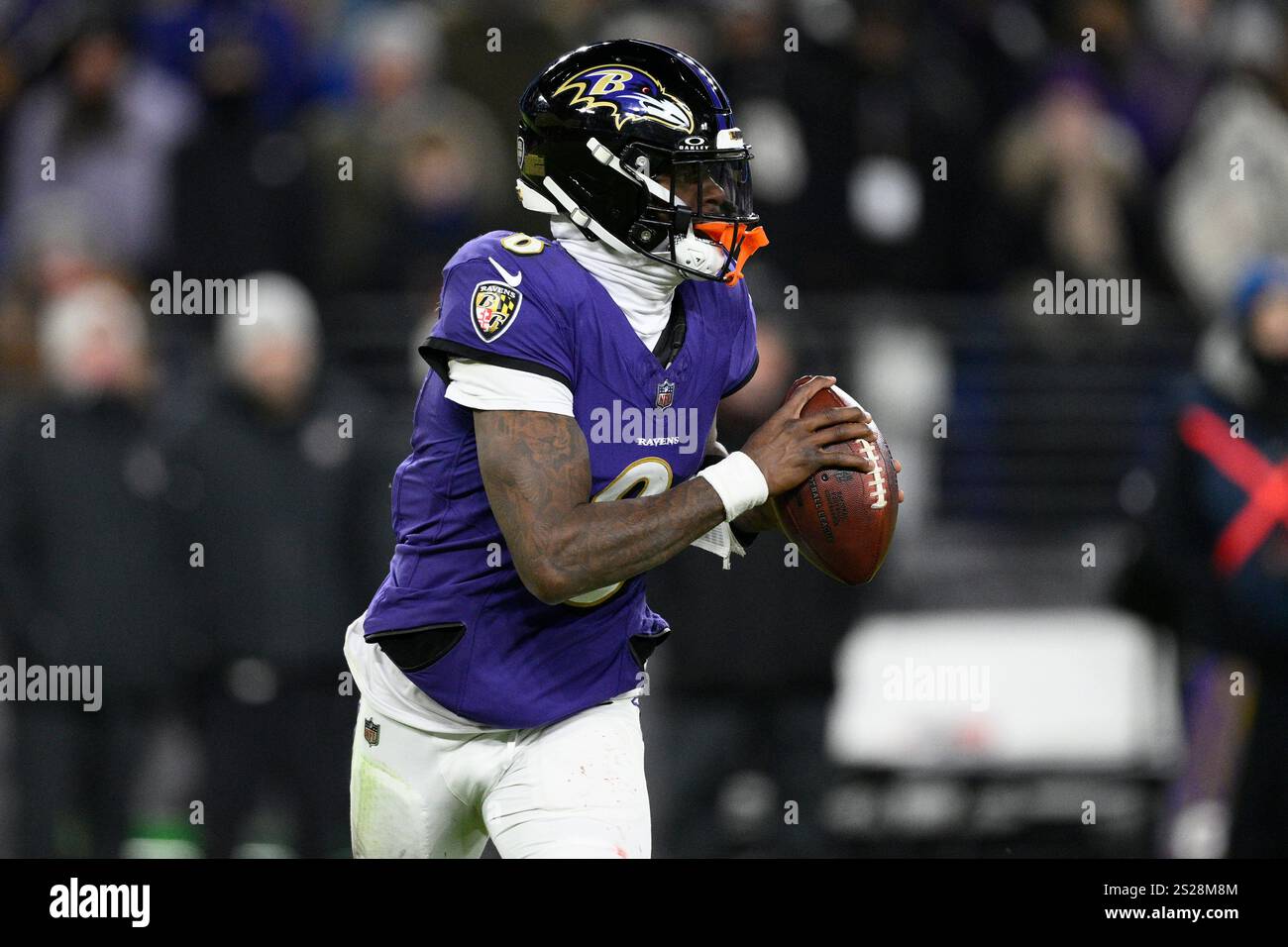 Baltimore Ravens quarterback Lamar Jackson (8) in action during the ...