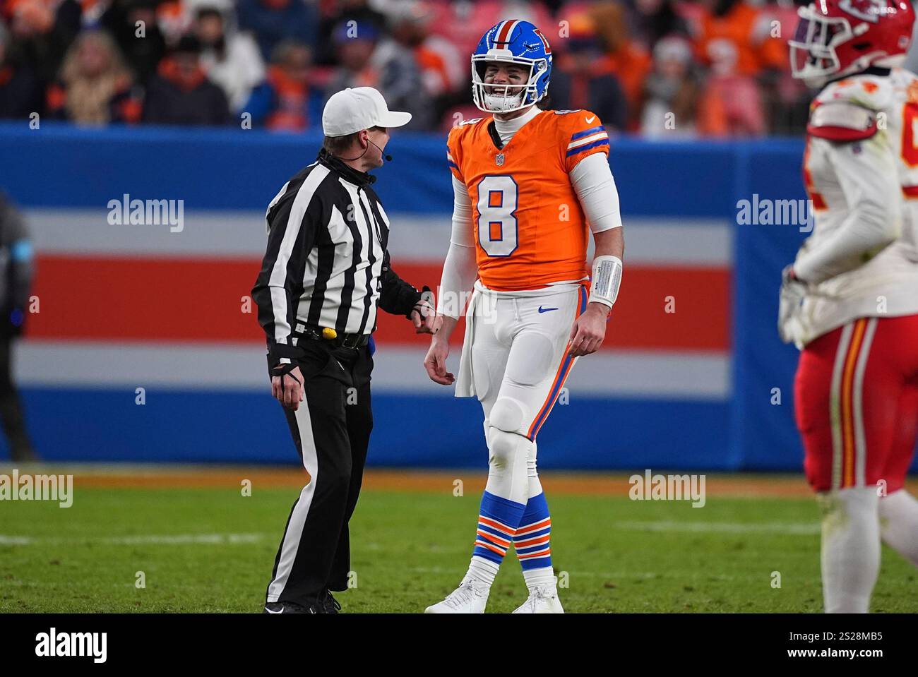 Denver Broncos quarterback Jarrett Stidham (8) after an NFL football ...
