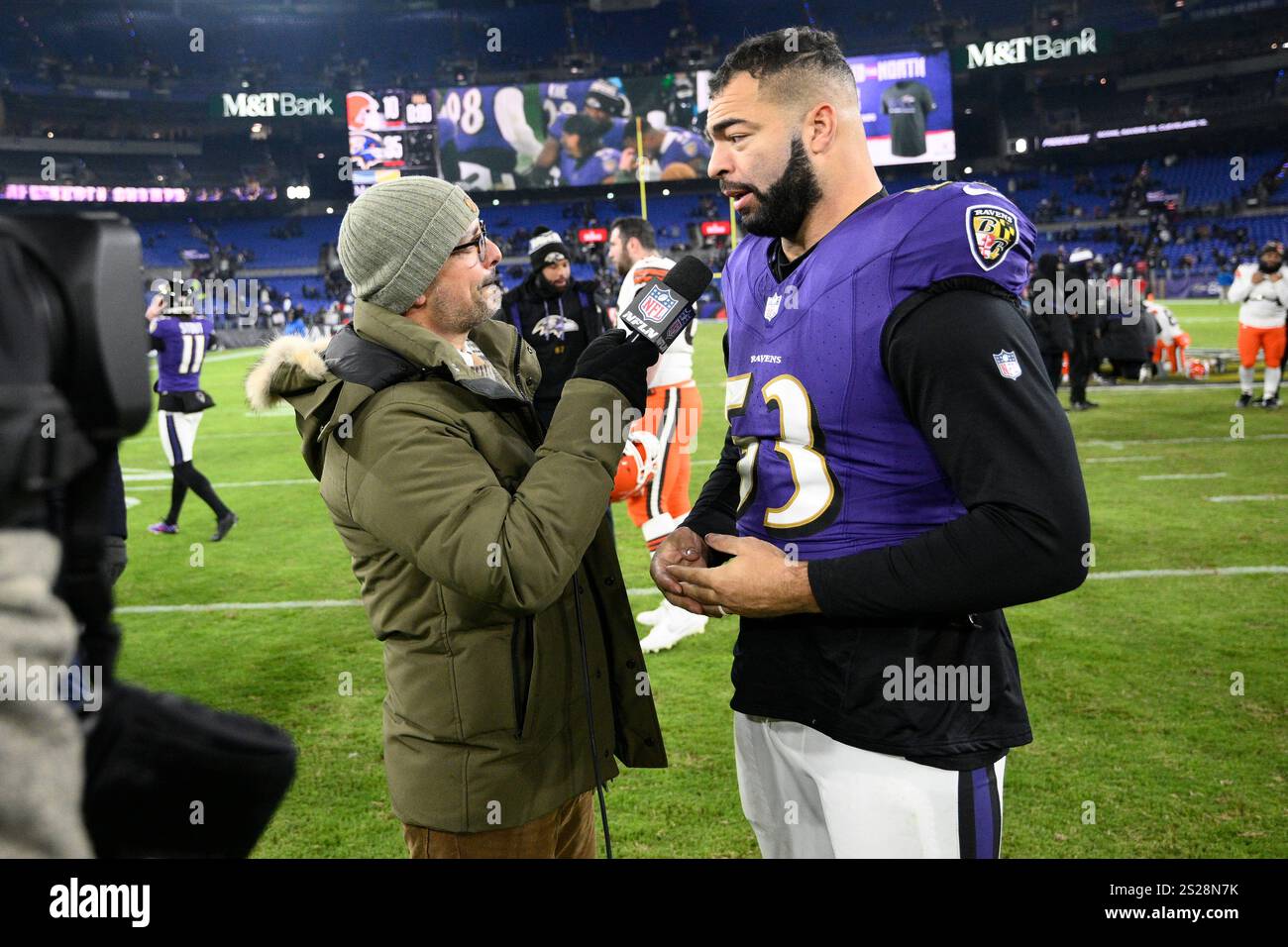 Baltimore Ravens linebacker Kyle Van Noy (53) gets interviewed by NFL ...