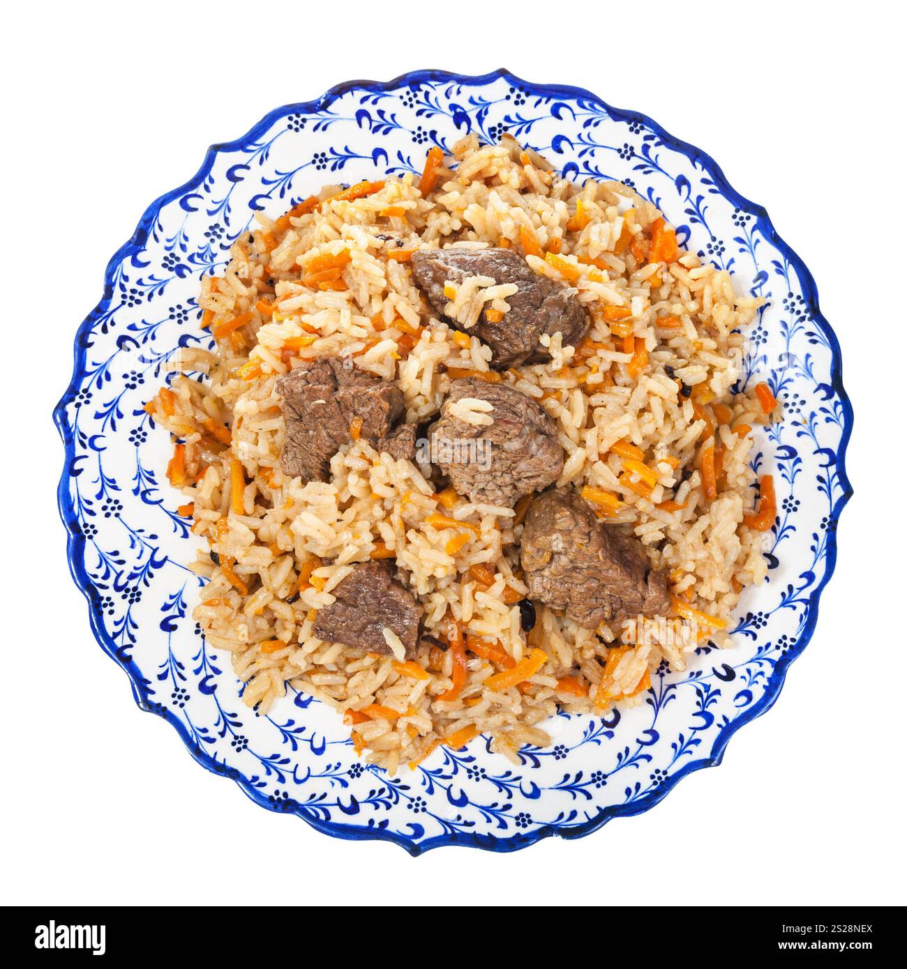 top view of cooked plov(central asian dish from rice with meat and ...