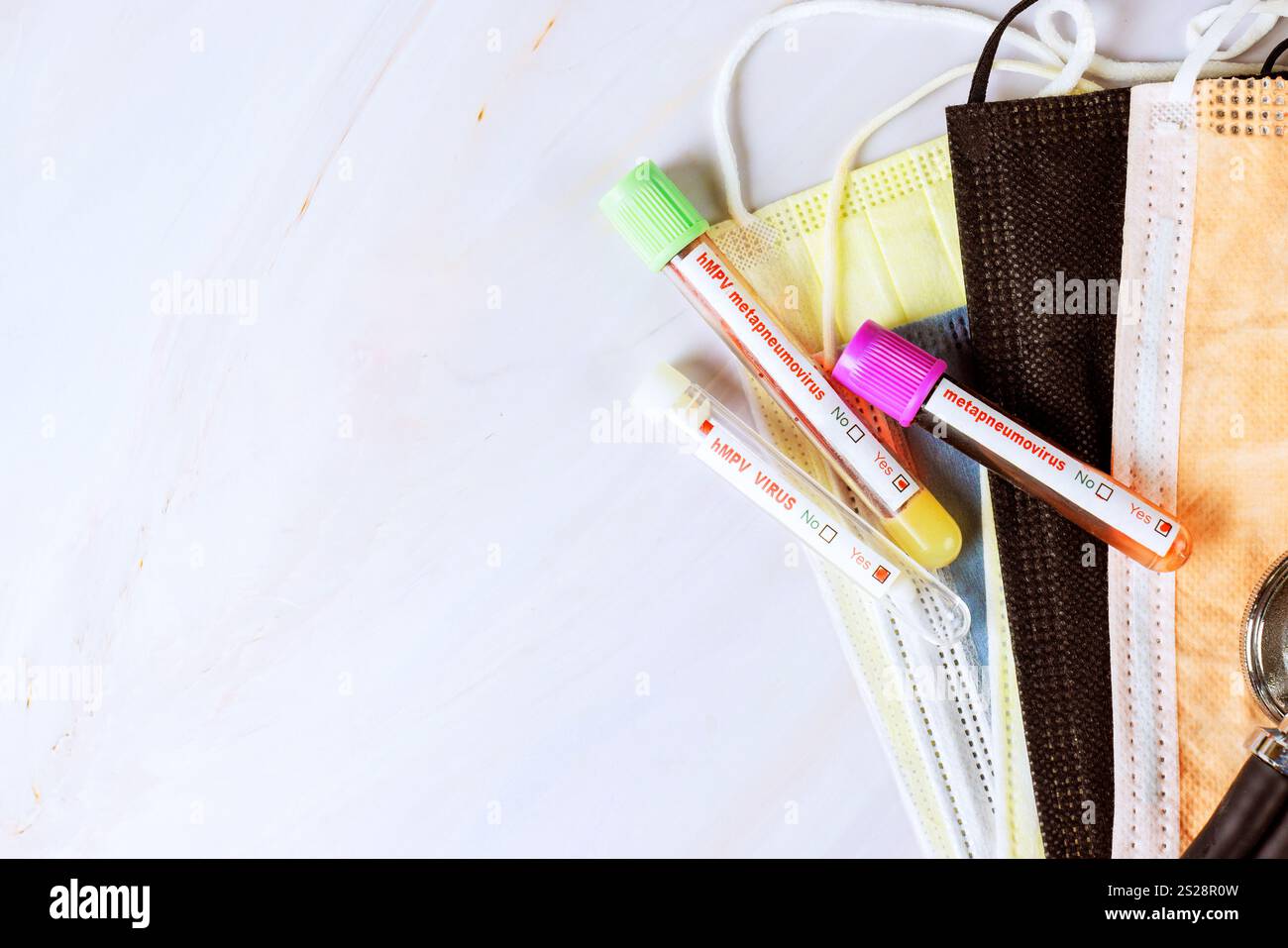 Including medical blood test tubes, face masks, signifying health ...