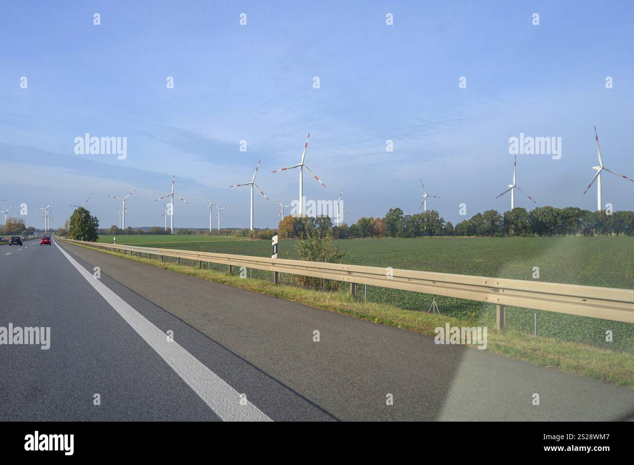 Wind turbines on the motorway. A9 motorway, Thuringia, Germany, Europe ...